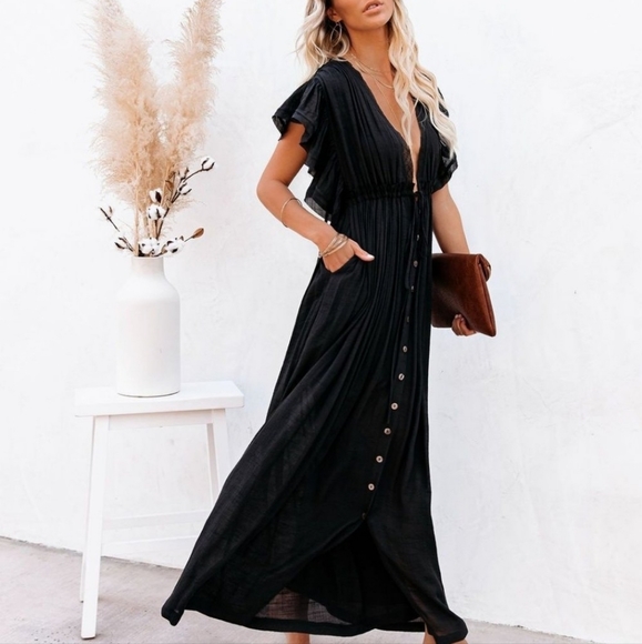 Dresses | New Chic Flowy Gauze Plunge Maxi Dress Cover Up Summer Black ...